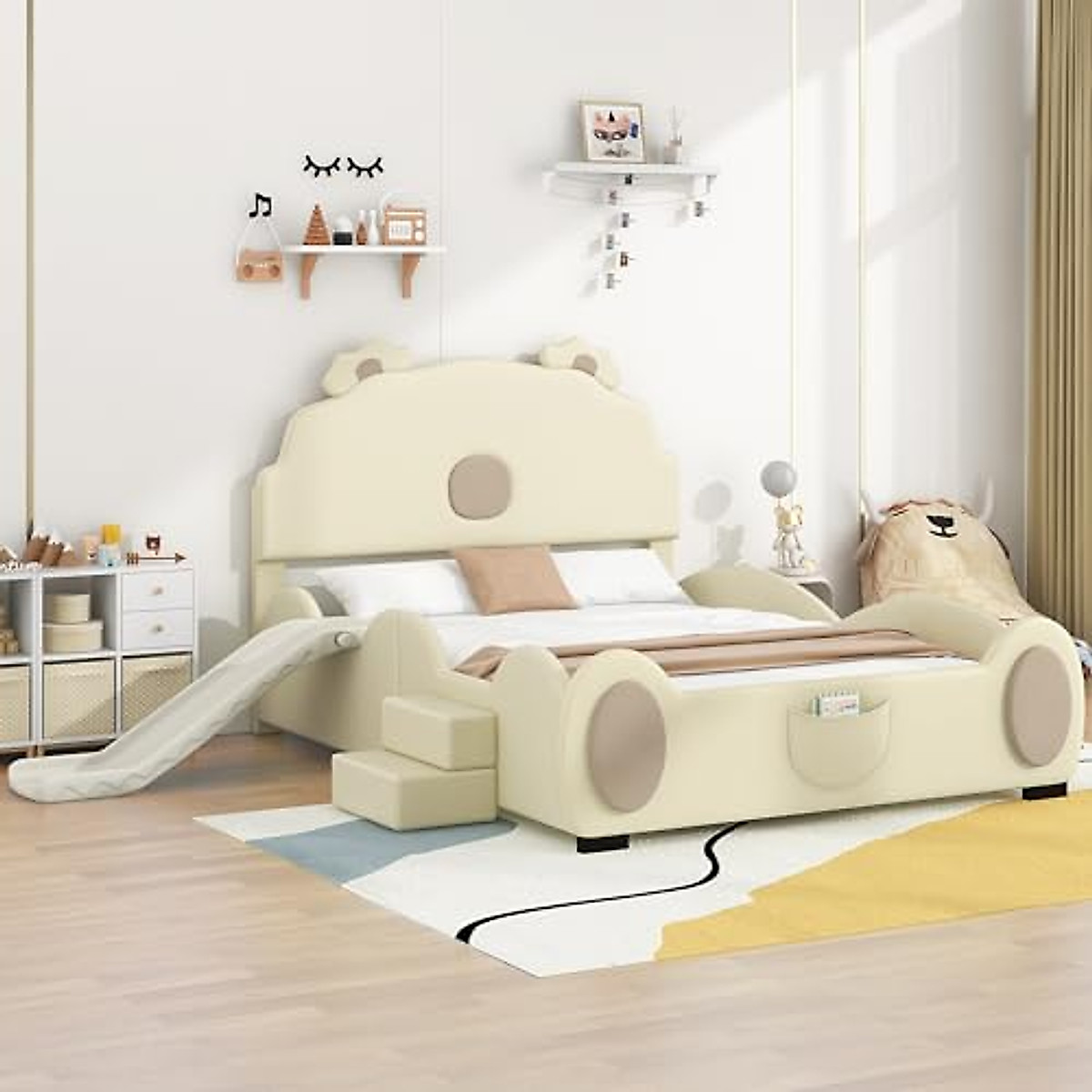 BOVZA Kids Cute Full Size Upholstered Platform Bed Frame with Children's Slide and Piglet Shape Headboard, Wooden Slats Support, No Box Spring Needed, Beige