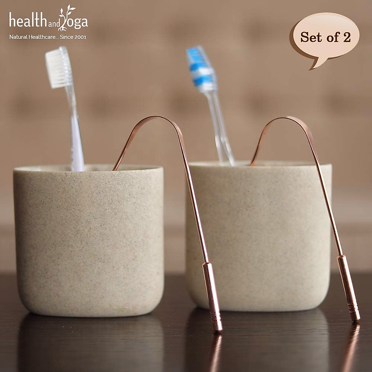 HealthAndYoga™ qSwipe Copper Tongue Cleaner Scraper - Hygienic, Non-Synthetic Grip – Tongue Brush Cleaner (Copper - 2-Pack)
