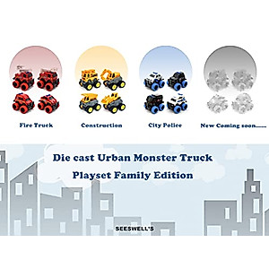 SEESWELL Pull Back Die-cast Alloy City Police Car Vehicles Playset, Monster Truck,Friction Powered Toy Cars,4 Pack,Toys for 3+ Years Old Kids,Christmas/Birthday Gift for Boys & Girls,Party Favors…