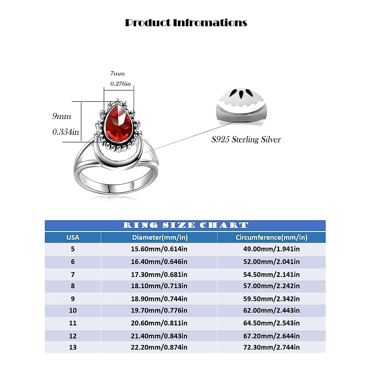 DALEGEM Crescent Moon Topaz Ring for Women,S925 Sterling Silver Pyramid Waterdrop Shaped Crystal Birthstone Gemstone Boho Ring Jewelry (Ring_Red, 6)