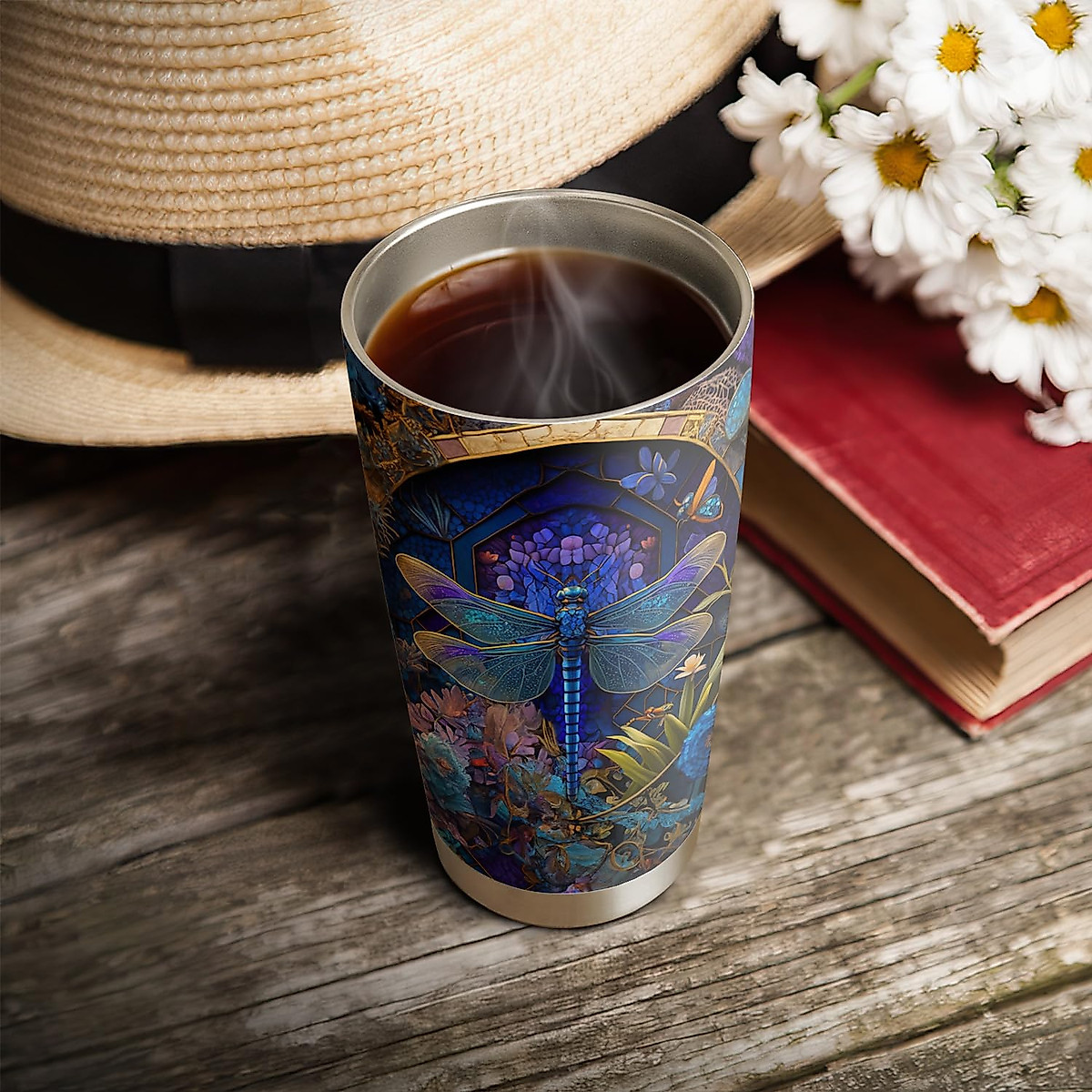 20oz Blue Stained Glass Mosaic Crystal Dragonfly Tumbler, Gifts for Dragonfly Lovers, Coffee Thermos for Women, Stainless Steel Double Wall Vacuum Insulated Coffee Mug, Travel Cup with Lid - D