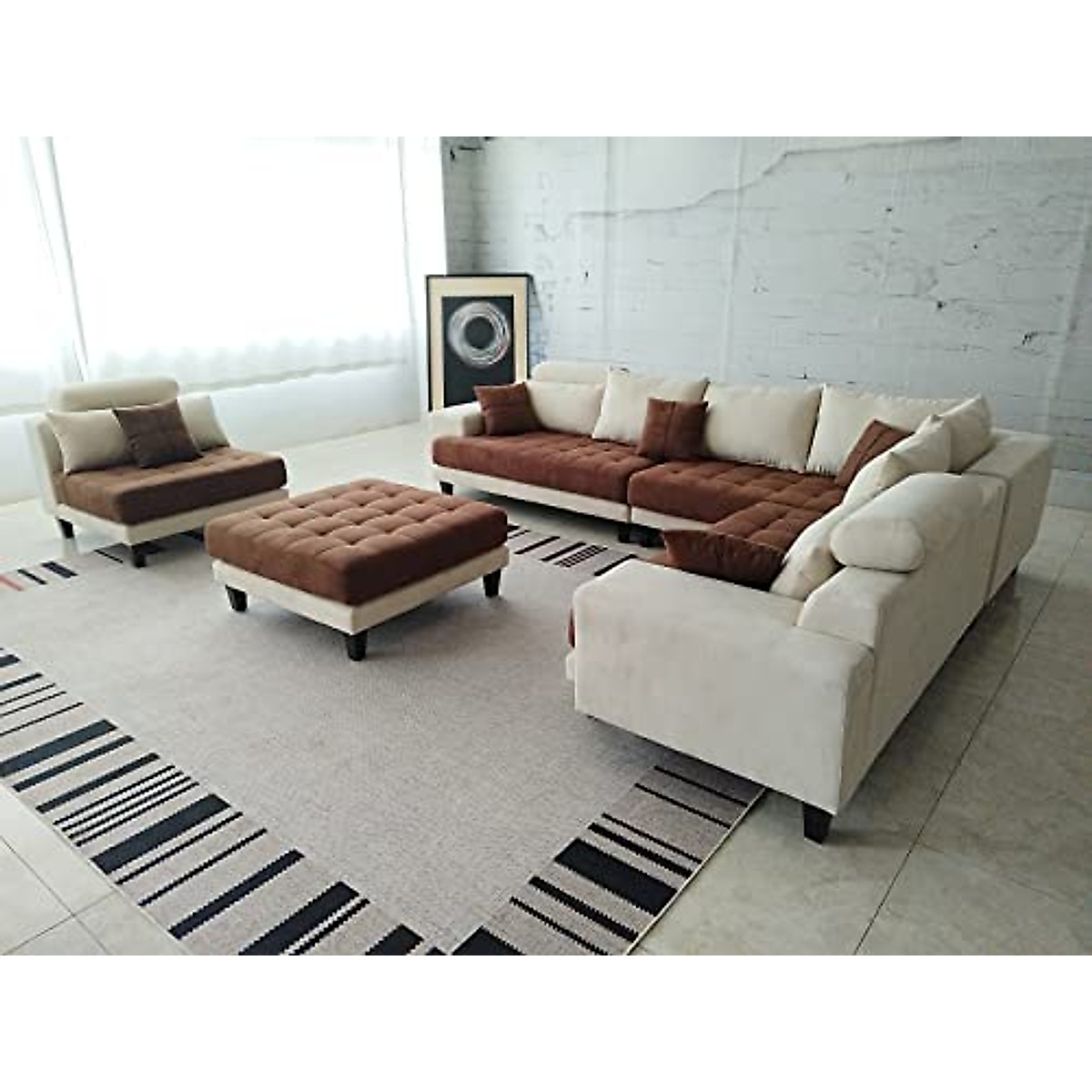 Stendmar 5pc Reversible Multifunction 2-Tone Natrual and Dark Brown Espresso Microfiber Fabric Big Sectional Couch Sofa S150DNE