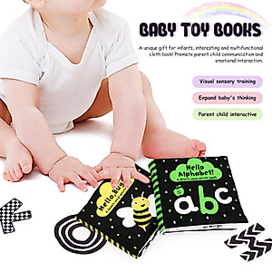 Toyvian 2 Pcs Baby Soft Cloth Book, Black and White High Contrast Baby Activity Crinkle Books Early Educational Learning Toys for 0 3 6 9 12 Months Newborn Infants Babies Boys and Girls