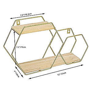 Fasyou Hexagon Floating Shelves Cute Gold Honeycomb Shelves Wall Mounted Shelves with Metal Bracket Rustic Solid Wood Wall Shelves for Living Room,Bedroom,Gold