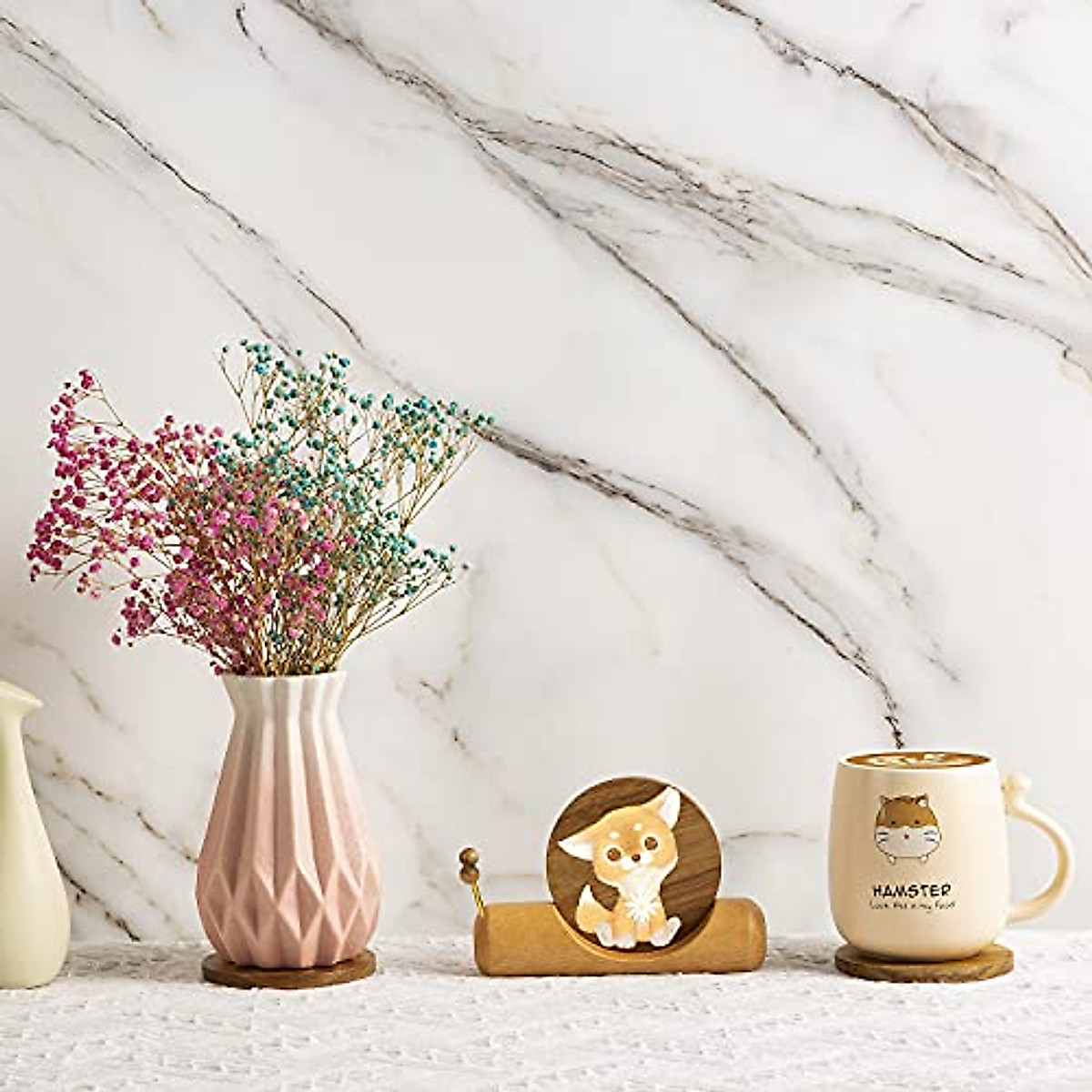 Wooden Coasters for Drinks-Natural Acacia Wood Drink Coaster Set for Drinking Glasses , Tabletop Protection for Any Table Type , Set of 5-Dia 3.5*3.5inchs（New Snail Coasters）