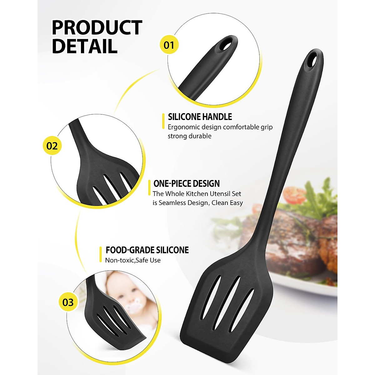 4 Pcs Silicone Kitchen Utensils Set, Wok Spatulas-Slotted Turner-Cooking Spoon-Slotted Spoon, Nonstick BPA Free High Heat Resistant Cooking Utensils for Frying, Mixing, Serving, Draining, Stirring