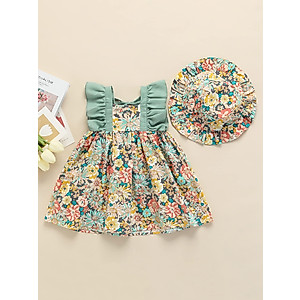 6M-3Y Summer Newborn Infant Toddler Baby Girls Dress Flower Print Ruffles A-Line Dresses + Cap Outfits (Green, 6-12 Months)