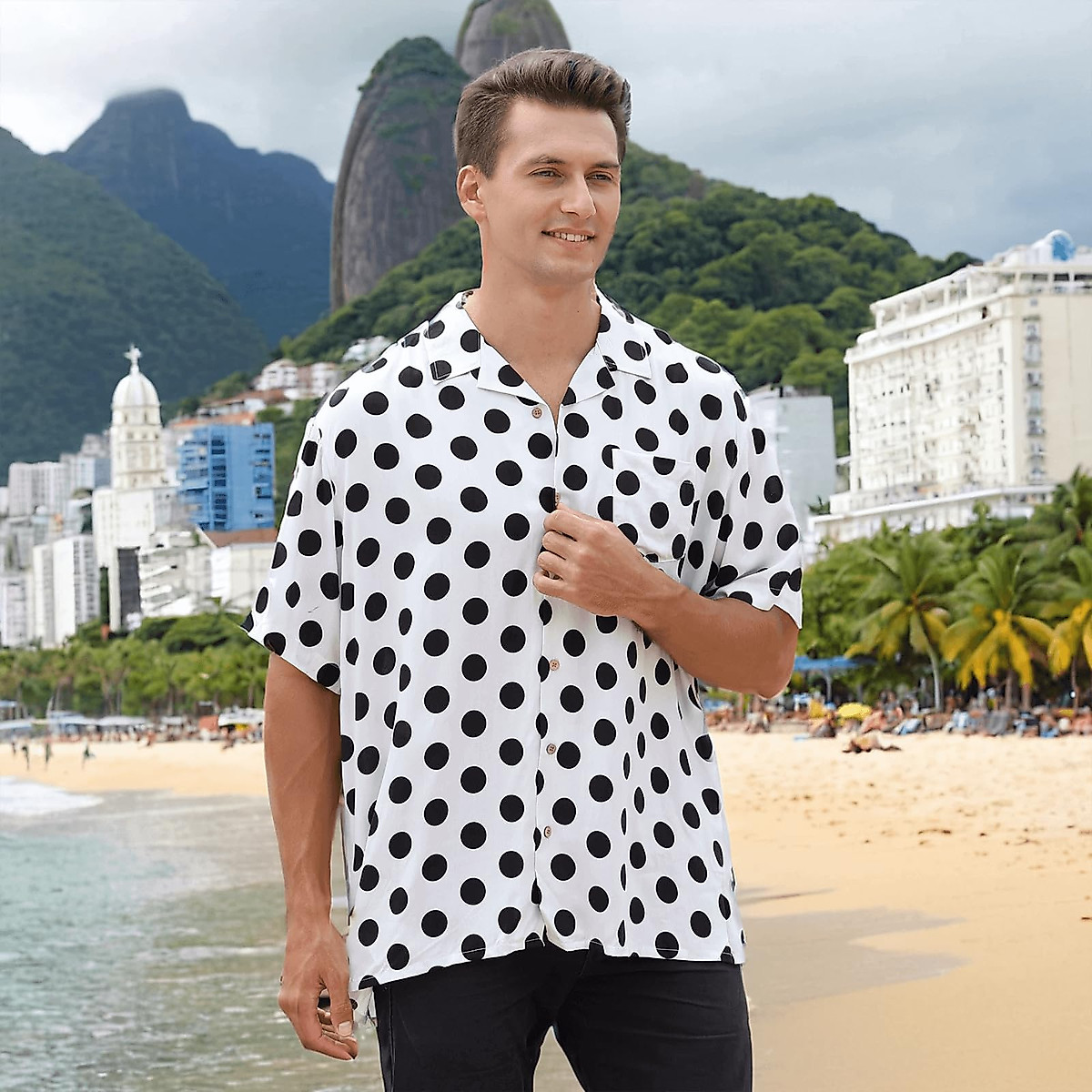 DOKKIA Men's Casual Tropical Floral Short Sleeve Luau Beach Aloha Hawaiian Shirt Polka Dot White Black XX-Large