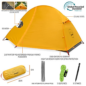KAZOO Waterproof Backpacking Tent Ultralight 1 Person Lightweight Camping Tents 1 People Hiking Tents Aluminum Frame Double Layer (Eco-Friendly Fabric) (Bright Yellow)