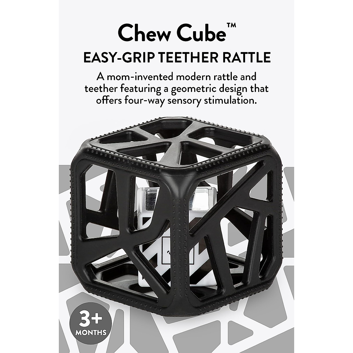 Malarkey Kids Silicone Teething Toys Chew Cube Baby Toy Activity Cube for New Born Babies Toys Rattle Teether Four Way Sensory Stimulation (Easy Grip, BPA Free Non Toxic, Black, Pack of 1)