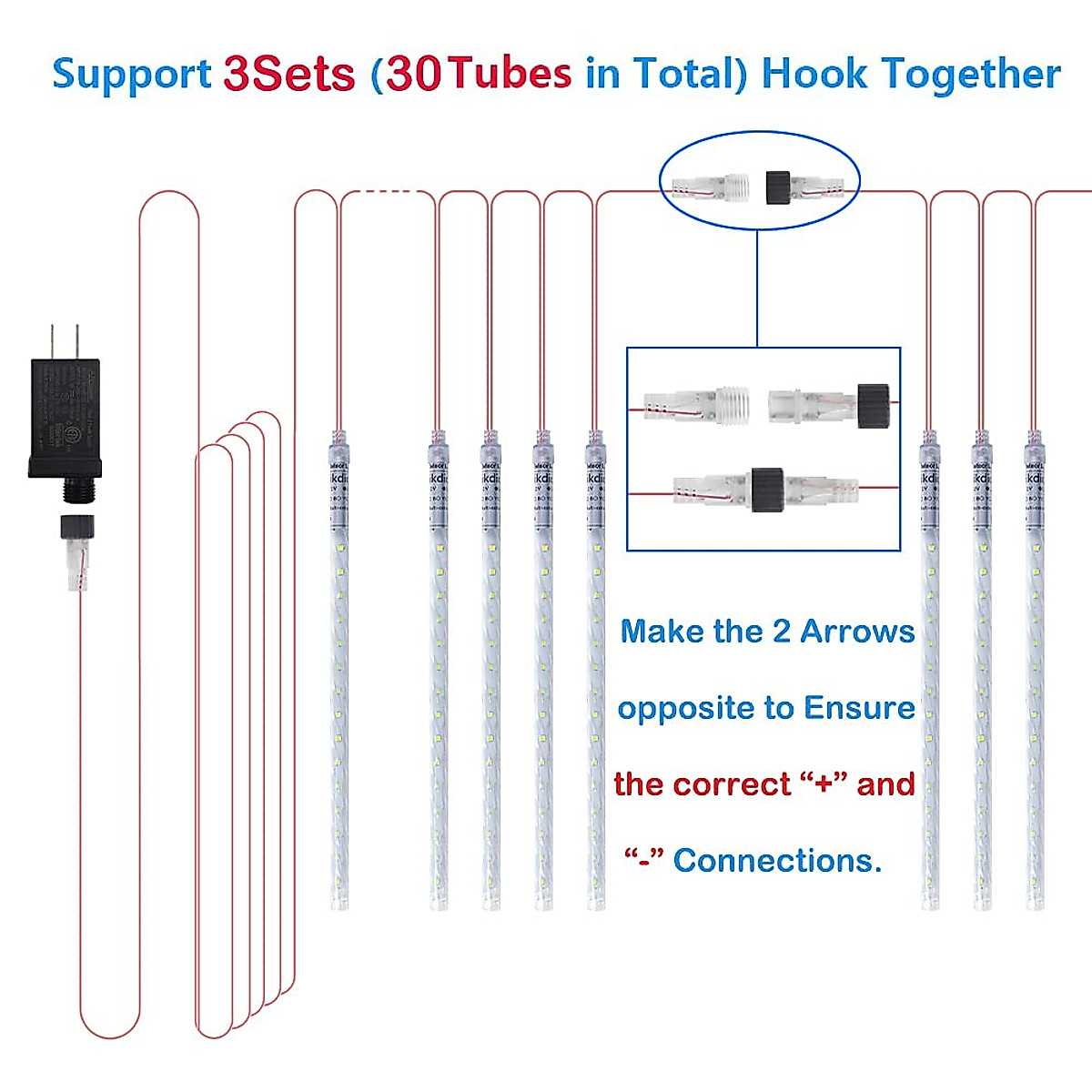 Vikdio Meteor Shower Rain Lights, 30cm 16 Spiral Tubes 480 LEDs 5.25m Lit Length Waterproof Snowfall LED Lights for Wedding Christmas Garden Tree Home Decor, Support 2 Sets Connected (Blue)