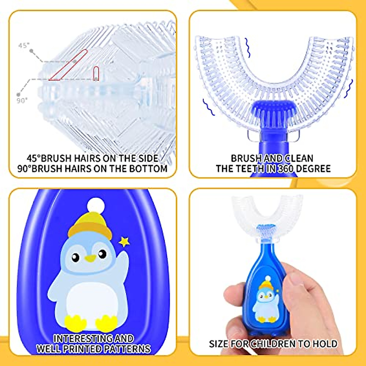 Kids U Shaped Toothbrush Cute Silicone Manual Training Toothbrush Half Circle Toothbrush Whitening Kids 360 Toothbrush Kids Full Mouth Toothbrush for Kids 2-12 Years, 4 Style Penguin Koala Bear Duck