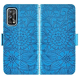 Asuwish Compatible with Oppo Realme 7 Pro Wallet Case and Tempered Glass Screen Protector Card Holder Stand Magnetic Wrist Strap Detachable PU Leather Flip Phone Cover for Realme7 7Pro Women Men Blue