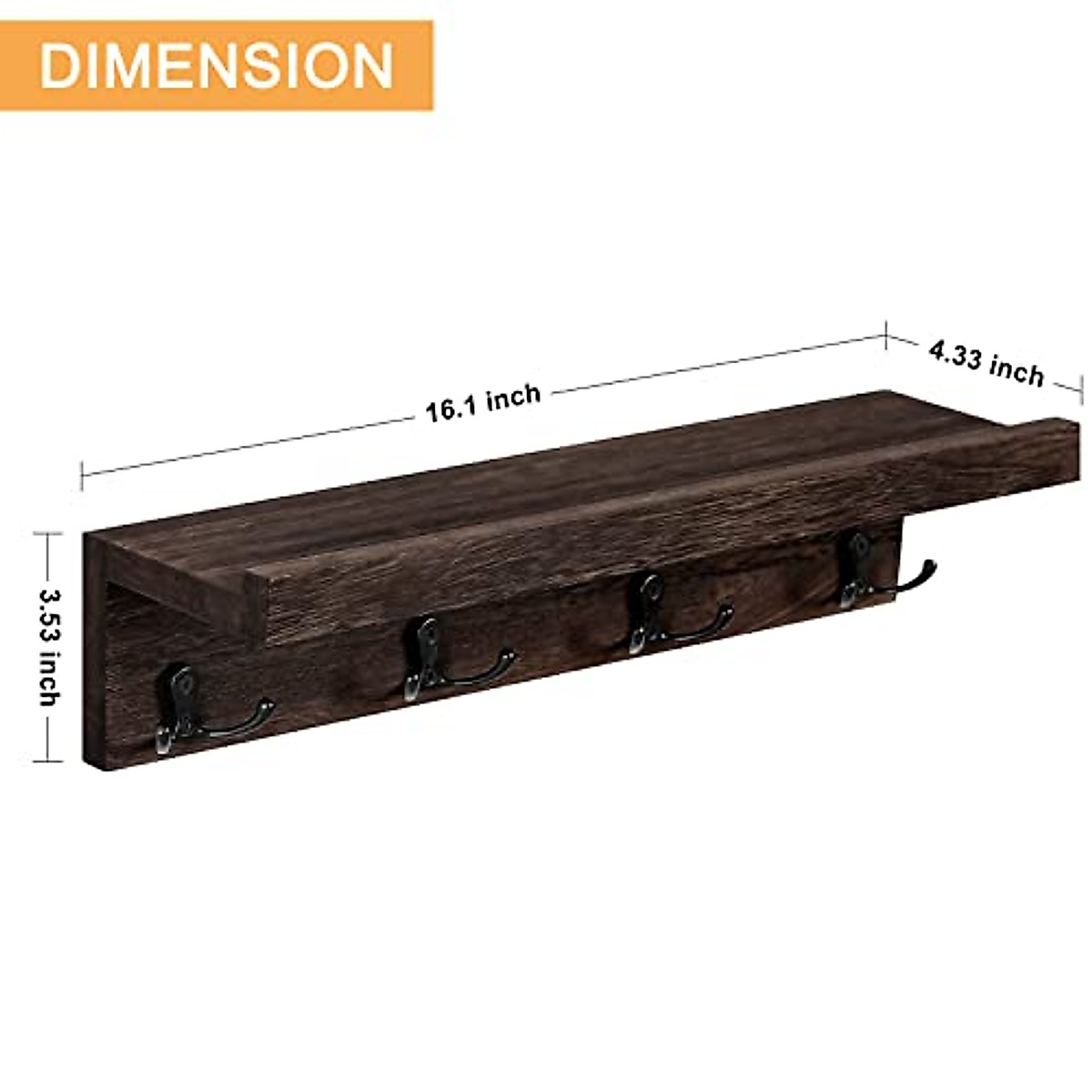 BTY Coat Rack Wall Mount with Shelf, Wall Mounted Coat Rack for Towel Key Hat, Rustic Wood Wall Hooks with Shelf for Kitchen, Bathroom, Entryway, 2 Pack Entryway Shelf with Hooks