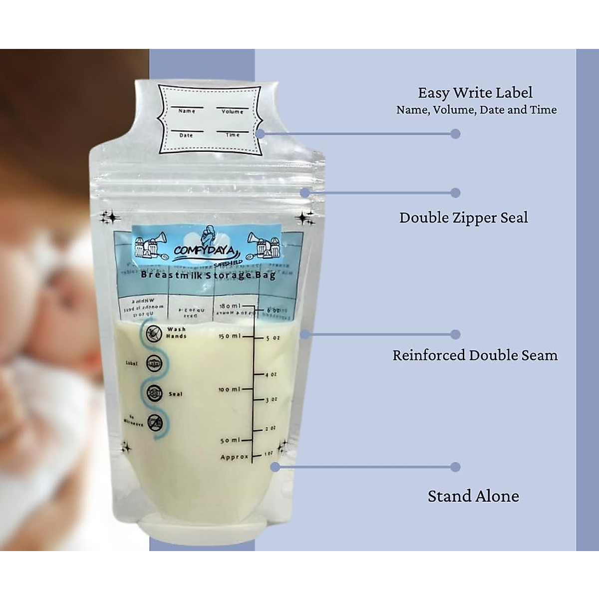 Comfydaya Safeshield Breastmilk Storage Bags (50 Count). Ready to Use. Presterilize, BPA Free, BPS Free, Leak Proof, Double Zipper, Self Standing, Super Strong and Food Grade Material Breast Milk Bag