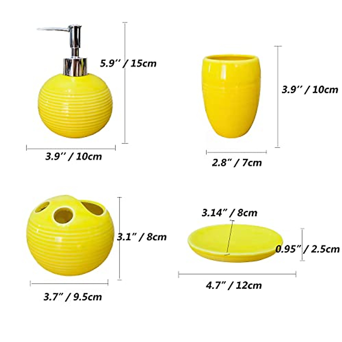 AONUOWE Bathroom Accessories Set 4PCS, Bathroom Decor Ceramic Accessories Sets Complete with Soap Dispenser, Toothbrush Holder, Tumbler, Soap Dish(Yellow)