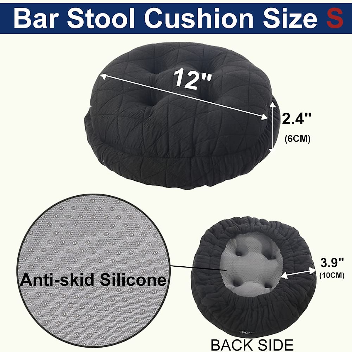 BUYUE Seat Cushion for Round Bar Stool, Dia.12 Luxury Fashion Jacquard with Anti-Skid Silicone Bar Stool Cushion Padded (Black, S,1 Count)