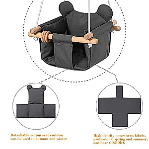 Mlian Secure Canvas and Wooden Baby Hanging Swing Seat Chair Indoor and Outdoor Hammock Backyard Outside Swing Kids Toys Swings 6-36 Months with Ear Décor Cushion and Natural Wooden Ring, Grey