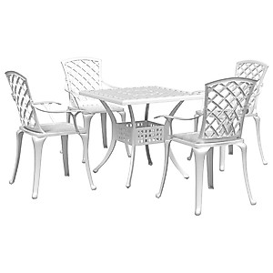 vidaXL White Cast Aluminum Patio Dining Set - Square Garden Table and Four Chairs with Umbrella Hole for Outdoor, Lawn, Backyard