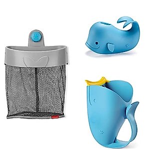 Skip Hop Baby Bath Time Gift Set with Bath Toy Organizer, Rinser, and Spout Cover, Blue