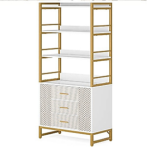 Tribesigns Gold White Bookshelf with 3 Drawers, Tall Ladder Shelf Bookcase with Storage, Modern Bookcases and Book Shelves 4 Shelf Organizer, Metal Wood Book Shelving Unit for Bedroom, Office