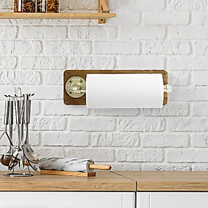 MyGift Rustic Burnt Solid Wood Paper Towel Holder Under Cabinet Wall Mount for Kitchen Paper Towel with Easy Refill Open End Industrial Brass Pipe Bar, Single Roll Paper Towel Rack Dispenser