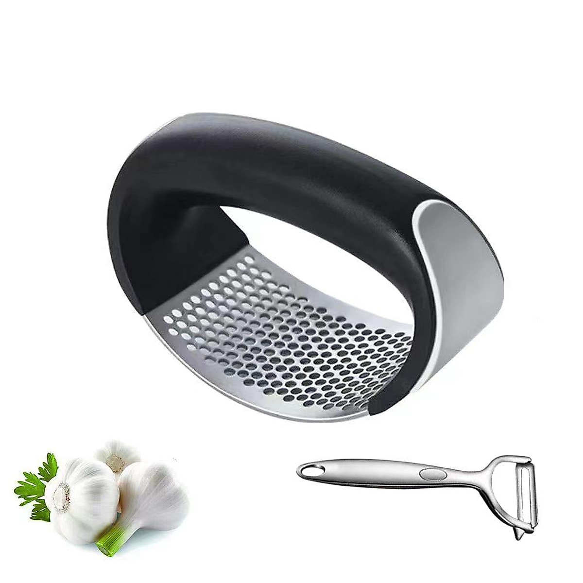 Garlic Press Rocker Stainless Steel Garlic Mincer Garlic Crusher Garlic Chopper with Peeler and Scraper Brush for Smash Garlic