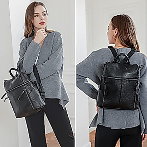 Iswee Genuine Leather Vintage Casual Daypack Backpacks Travel Essentials Anti-theft Work Fashion Backpack Purse for Women (Black)