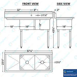 Two Compartment Stainless Steel Commercial Kitchen Prep & Utility Sink with Left Drainboard | Bowl Size 18" x 18" X 12" | NSF