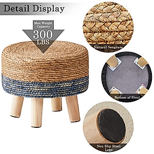 Cpintltr Foot Stool Natural Seagrass Hand Weave Poufs Round Ottoman for Couch Desk Soft Step Stool Padded Foot Rest with Non-Skid Pine Legs for Hallway Office Lounge Natural/Blue