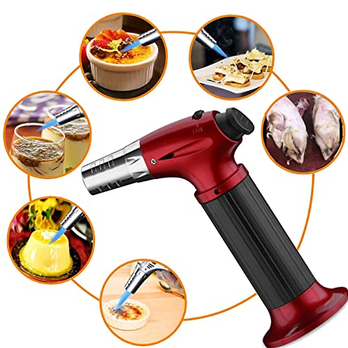 2 Pack Butane Torch Lighter,Refillable Blow Torch Kitchen Cooking Chef Torch Lighter with Safety Lock Adjustable Flame Torch Brulee Torch BBQ Baking Food Torch—Butane Gas Not Included (Silver, Red)