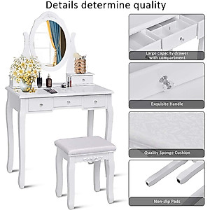 Vanity Table Set, Wooden Dressing Table with Oval 360° Rotating Mirror, 5 Storage Drawers, Painted Finish, Vanity Makeup Table with Padded Stool Seat, Detachable Table Top, Easy to Assemble (White)