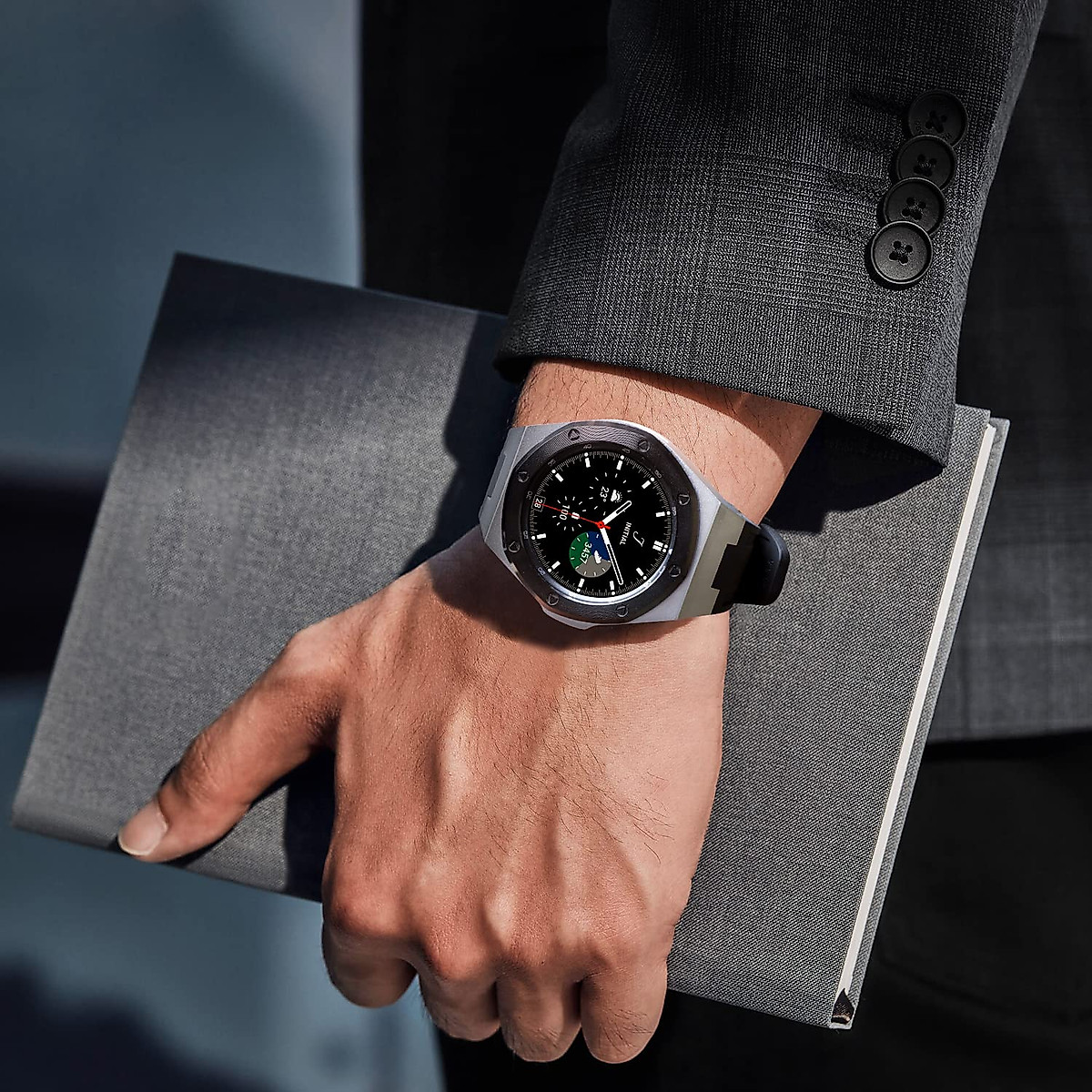 DGYSG Luxury Case Designed for Samsung Galaxy Watch 4 Classic 46mm 2021, Rugged Military Protective Metal Bumper Case with Tactical Silicone Band for Men, Silver