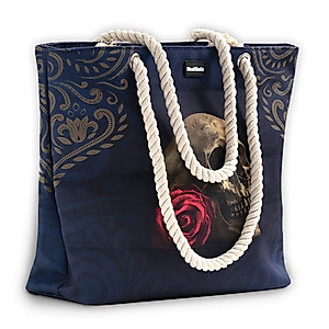 Skullistic Rose Skull Shoulder Bag - Beach, Travel & Gym, Thick Canvas, L18.5 x H13.5 x W5