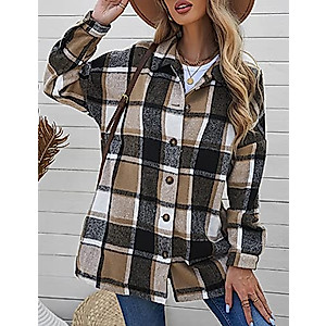 Lentta Women's Flannel Plaid Shacket Jacket Casual Fall Wool Blend Button Up Shirt Coat(Khaki-S)