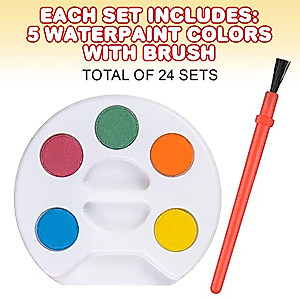 Mini Watercolor Kids Paint Set, Pack of 24, Bulk Kids Paint Palette, 5 Color Mini Paint Set Kit with Brushes, Art Party Favors for Kids 3-5 Boys & Girls, Educational Paint Party Favors for Kids Party