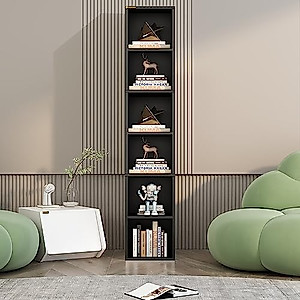 MIN WIN 6-Tier Wooden Tall Narrow Open Bookcase and Bookshelves, 68.5" Modern Freestanding Cube Display Storage Organizer Shelf, Corner Bookcase Narrow Bookshelf with Storage Space, Black