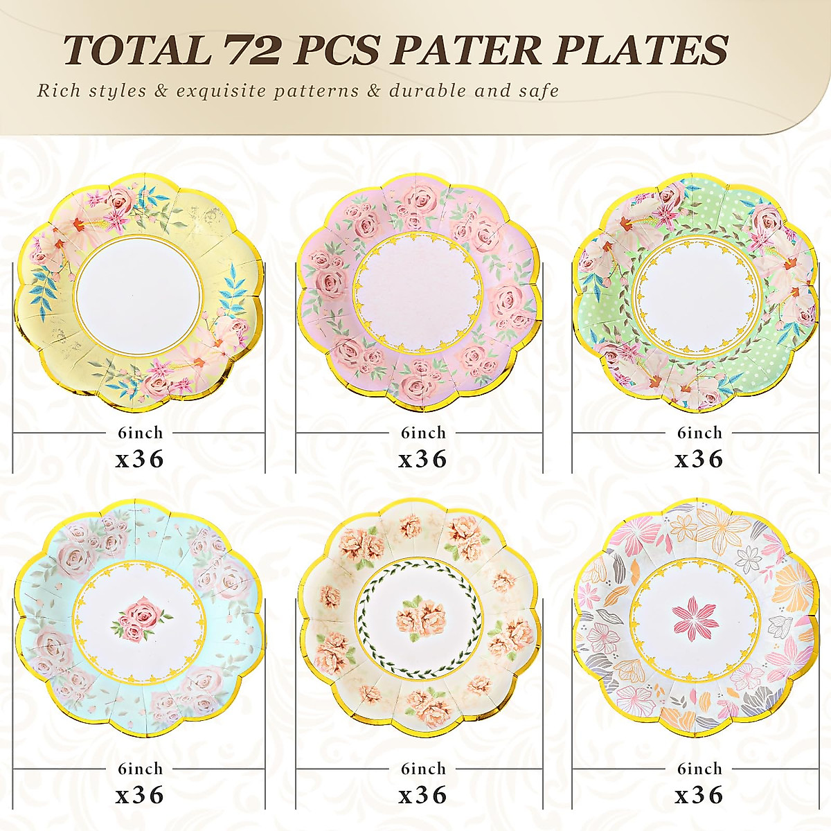 Maxcheck 72 Pcs Floral Paper Plates Flower Plates with Gold Rim Disposable Plates for Tea Party Decorations Birthday Baby Shower Wedding Bridal Supplies (6 Inch)