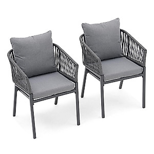 SUNSITT Patio Dining Chairs Set of 2, Outdoor Aluminum Dining Chairs with Woven Rope, All-Weather Patio Arm Chairs w/Cushions, Porch, Garden and Deck, Dary Grey