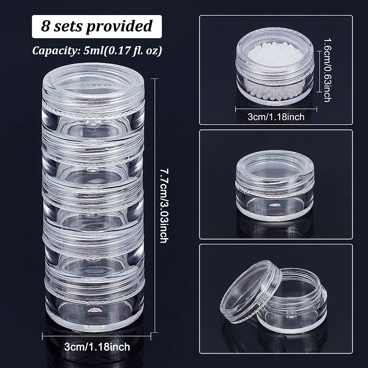 BENECREAT 5G/5ML Stackable Round Plastic Containers 8 Column(5 Layer/Column) Bead Storage Jars for Seed Beads, Diamond Drills and Other Jewelry Components