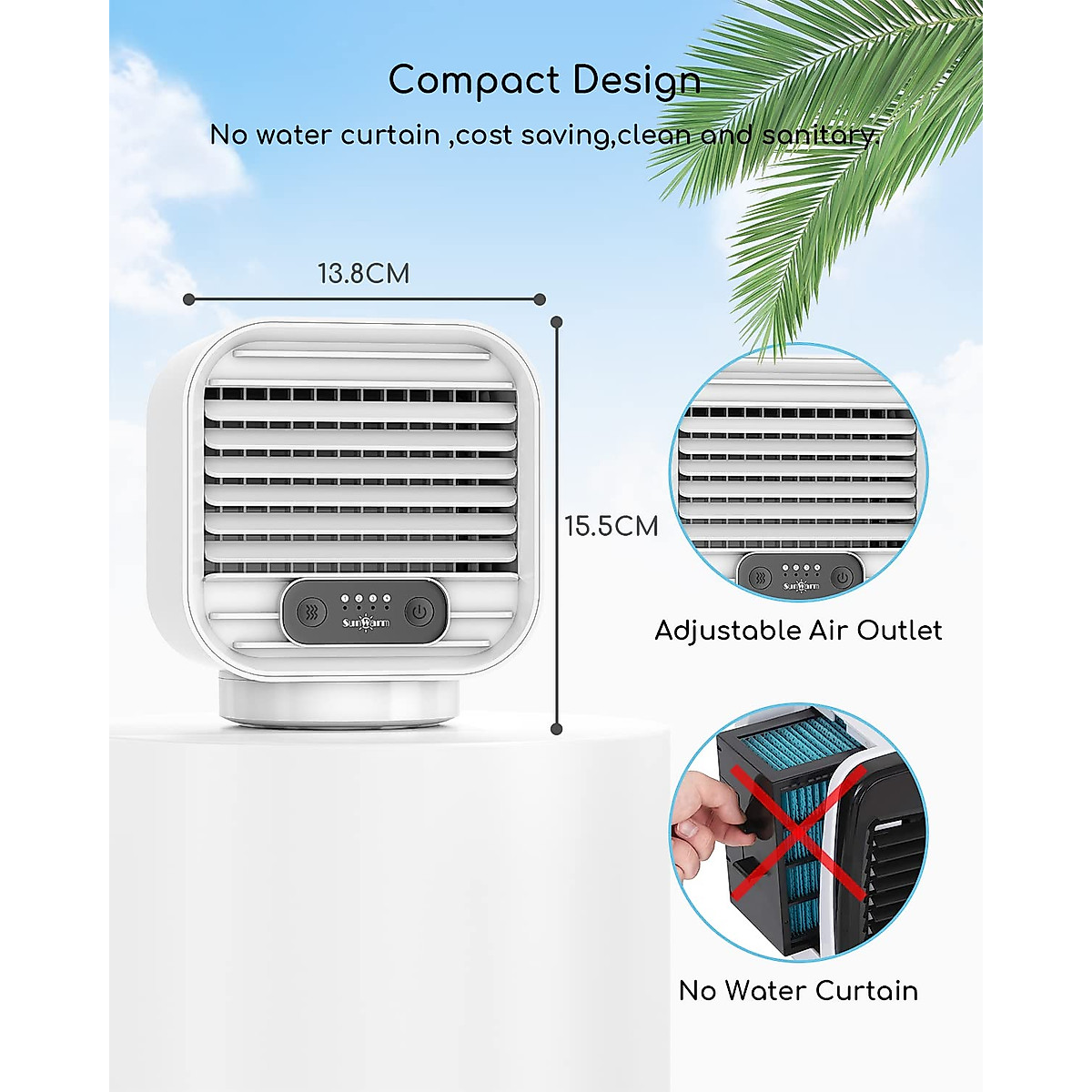 Portable Air Conditioner, 3-in-1 Mini Air Conditioner with 3 Speeds, Built-in 2000mAh Battery and Removable Water Tank, Quiet Personal Air Cooler Easy to Carry for Home Dorm Office Outdoors