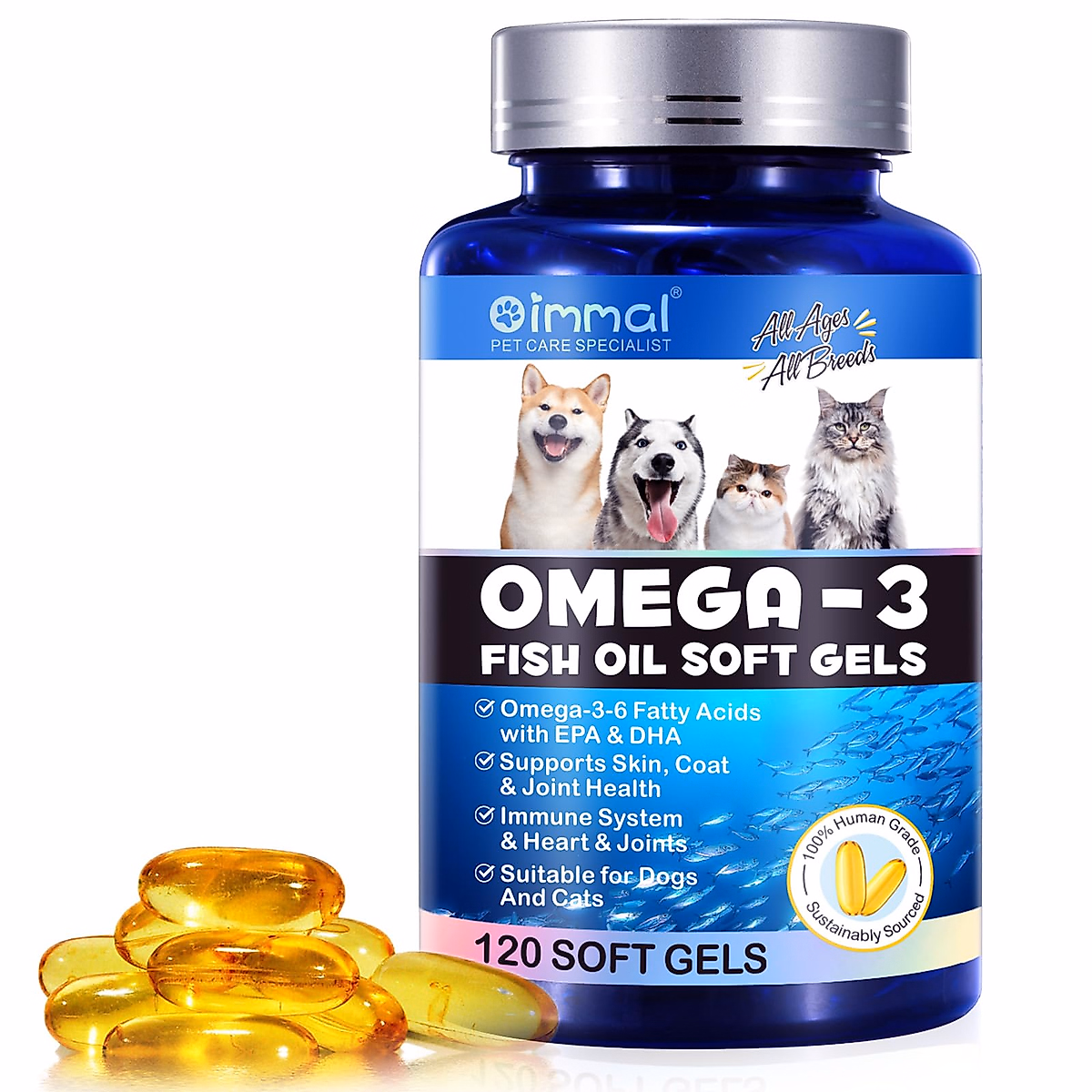 Omega 3 Fish Oil Soft Gels for Dog's Skin, Joints and Coat, Salmon Fish Oil Soft Gels for Dogs & Cats, Natural EPA + DHA Fatty Acids for Joint Function, Immune & Heart Health, Wild Alaskan Salmon Oil