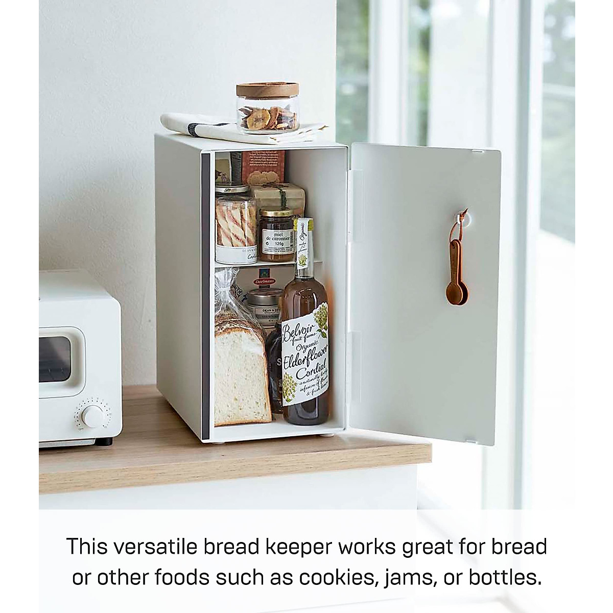 YAMAZAKI Home Tosca Bread Box Keeper Holder Container, Metal Bread Holder Saver, Slim Space Saving Counter Storage - Vertical - Steel + Wood,White
