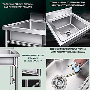 Free Standing Commercial Sink Thickened Portable Single Bowl Stainless Steel Hand Washing Sink Suitable for Outdoor Indoor Garage Kitchen Laundry (50 X 50 X 80cm)