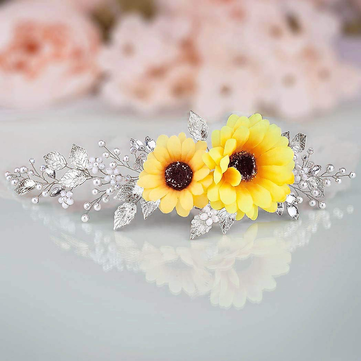 BAROGIRL Wedding Hair Vine Accessory Sunflower Bride Headpiece Gold Flower Headband for Women and Girls (Silver)