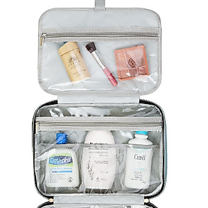 Yuan & Chuang Hanging Travel Toiletry Bag for Women Foldable Hygiene Bag, Large Capacity Waterproof Cosmetic Travel Bag with 4 Compartments & 1 Sturdy Hook,Travel Essentials Organizer(blue)