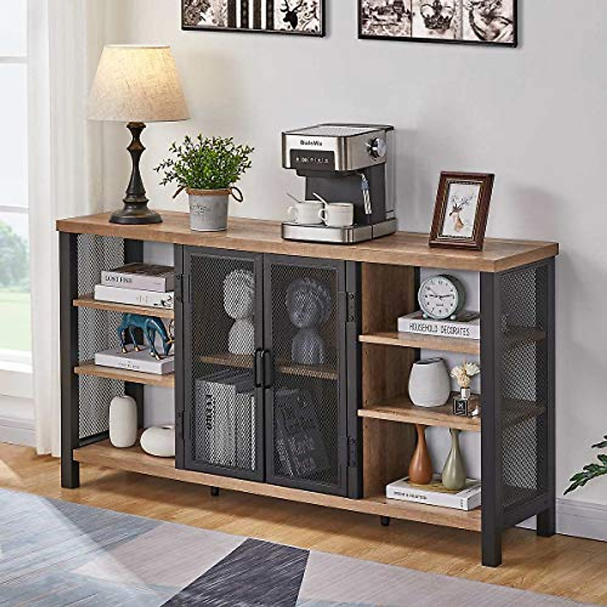 FATORRI Industrial Wine Bar Cabinet for Liquor and Glasses, Farmhouse Wood Coffee Bar Cabinet with Wine Rack, Metal Sideboard and Buffet Cabinet (55 Inch, Rustic Oak)