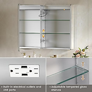 ROOMTEC LED Lighted Medicine Cabinet with Mirror 20"*26",Bathroom Mirror Cabinet with Lights, Outlet and USB, Recessed or Wall Mounted, Adjustable Shelf, 3-Color, Dimmer, Anti-Fog