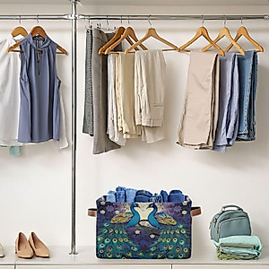 xigua Peacocks Pattern Storage Bins Foldable Canvas Fabric Storage Basket with Handles for Organizing, Large Storage Baskets for Shelves Closet