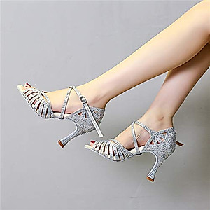 RUYBOZRY Women Latin Dance Shoes Glitter Rhinestone Salsa Ballroom Performence Dancing Shoes, L380-Silver-6,US8.5